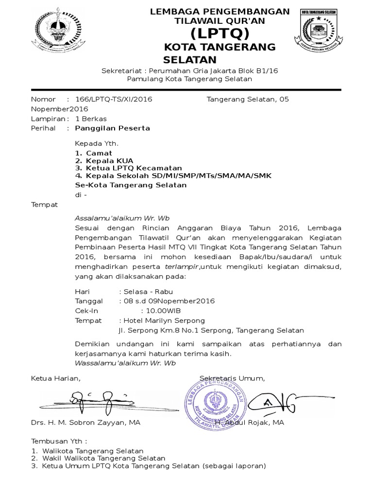 Undangan Kegiatan Pembinaan MTQ 2016 | PDF