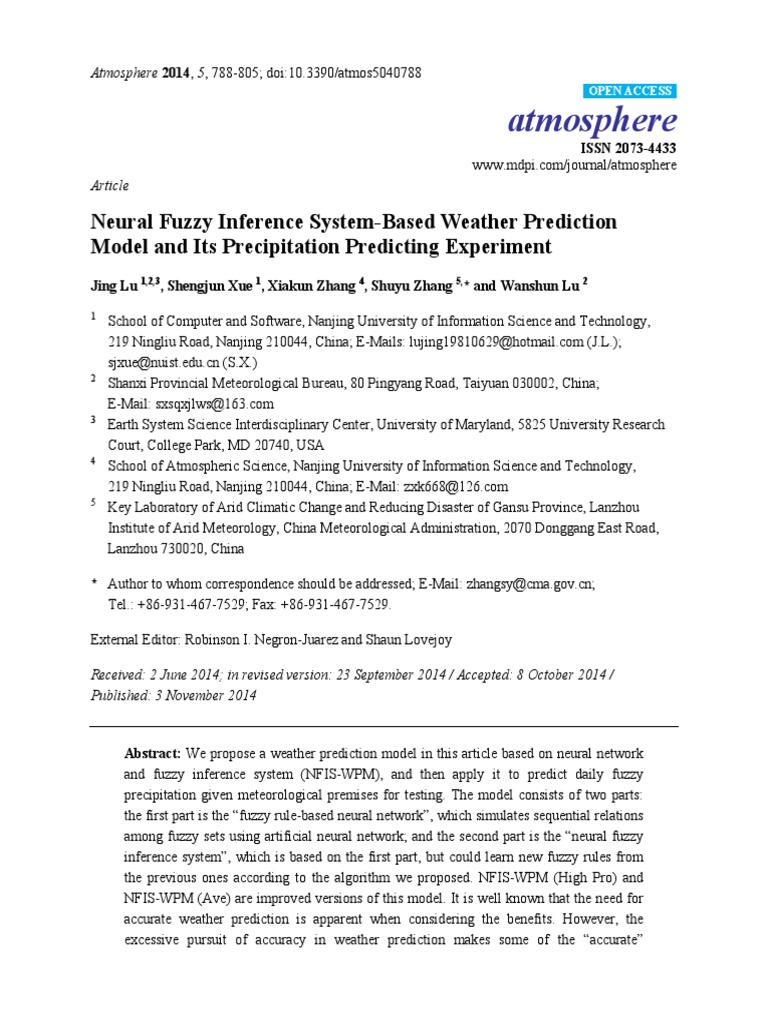 Atmosphere: Neural Fuzzy Inference System-Based Weather Prediction Model and Its Precipitation ...