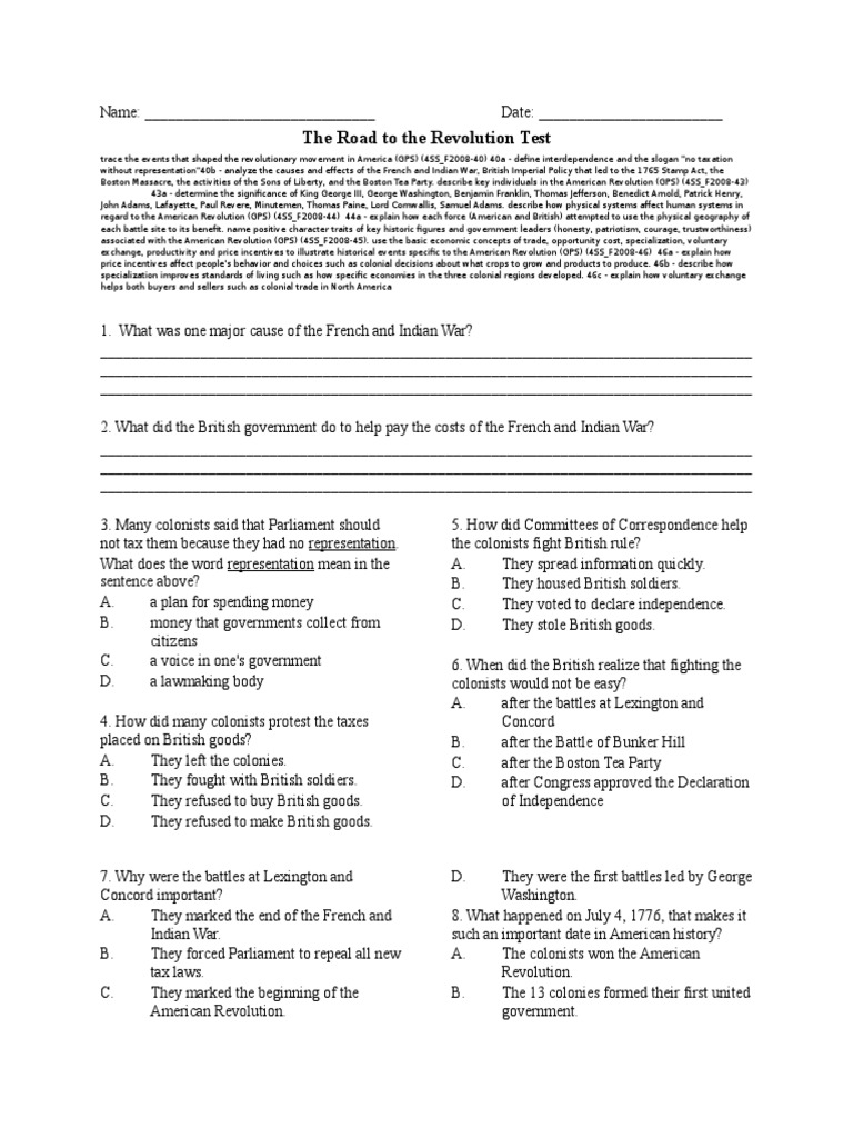 The Road To The Revolution Unit Test | PDF | American Revolution ...