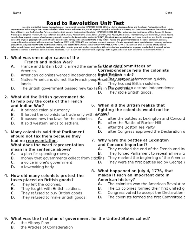 Road To Revolution Test | PDF | United States Declaration Of ...