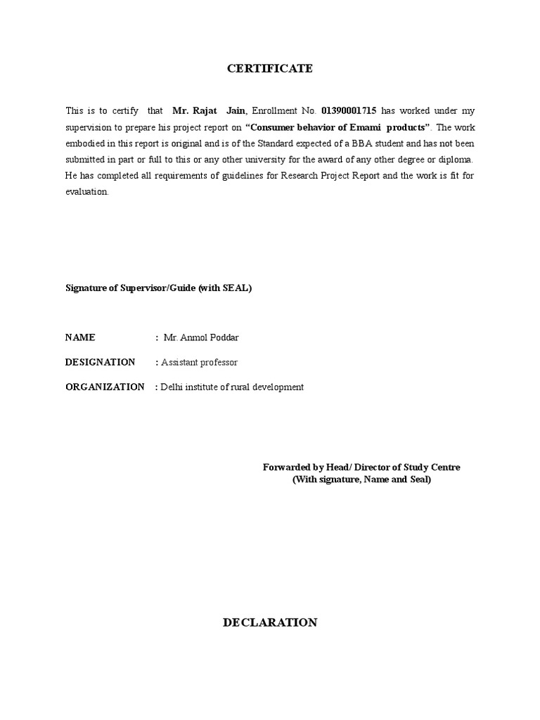 Certificate: Signature of Supervisor/Guide (With SEAL) | PDF