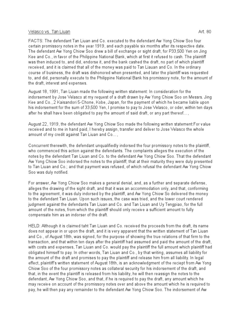 Velasco v. Tan Liuan: Promissory Notes Case | PDF | Negotiable ...