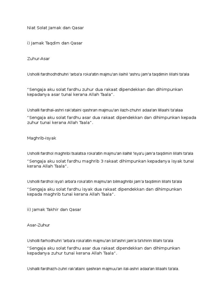 Niat Solat Jamak Dan Qasar | PDF