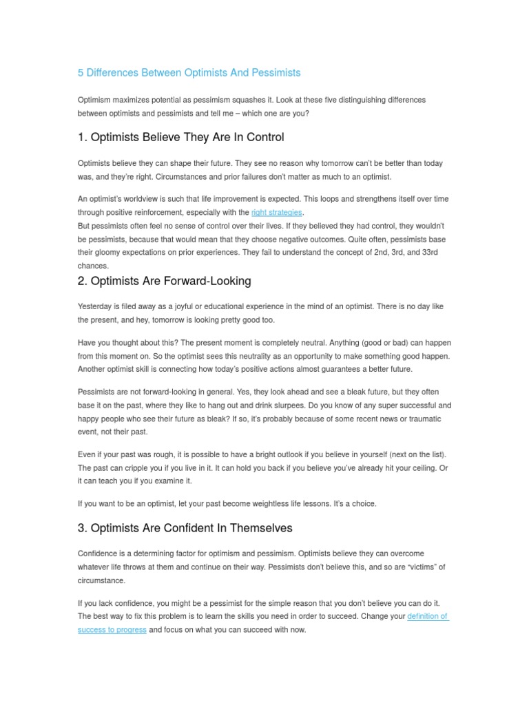 5 Differences Between Optimists and Pessimists | PDF | Optimism | Pessimism