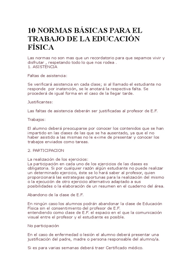 10 Normas Básicas Para El Trabajo de La Educación Física | PDF ...