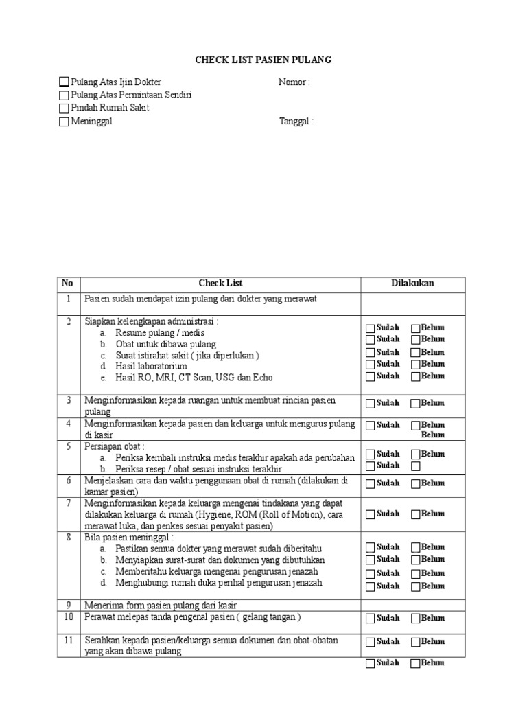 Checklist Pasien Pulang | PDF