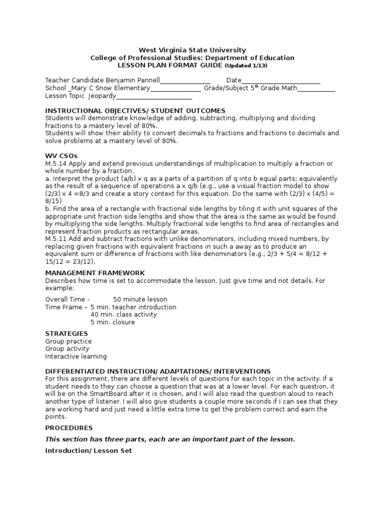 5th Grade Math Jeopardy Lesson Plan | PDF | Fraction (Mathematics ...