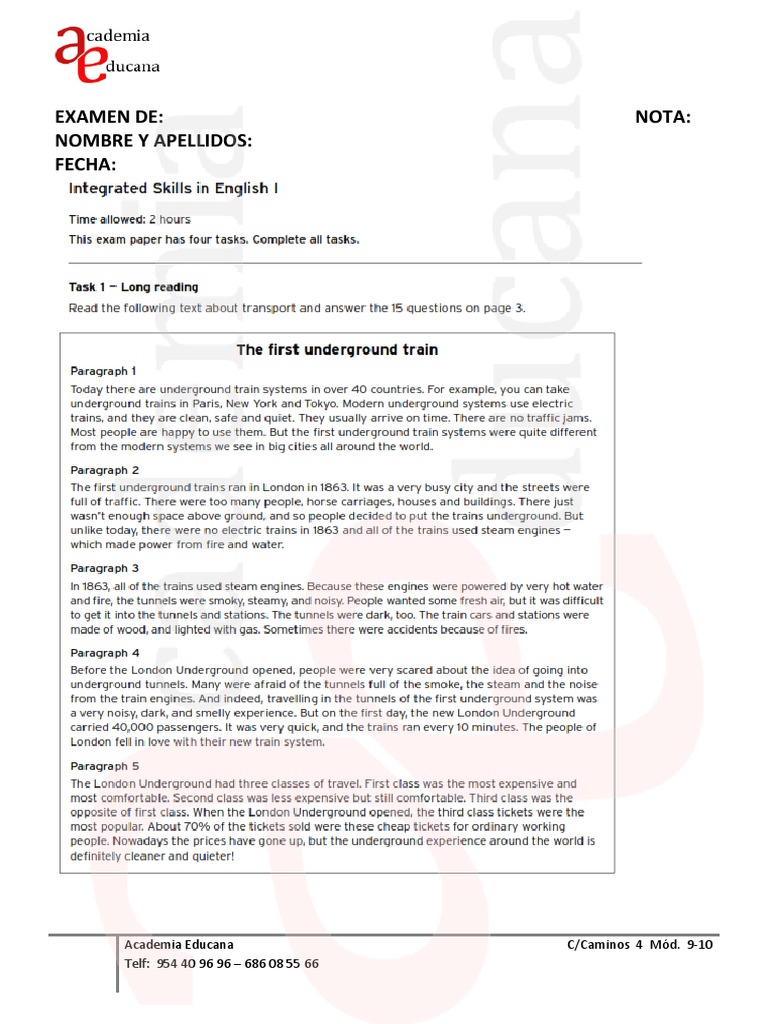 Trinity Exam B1 01 | PDF