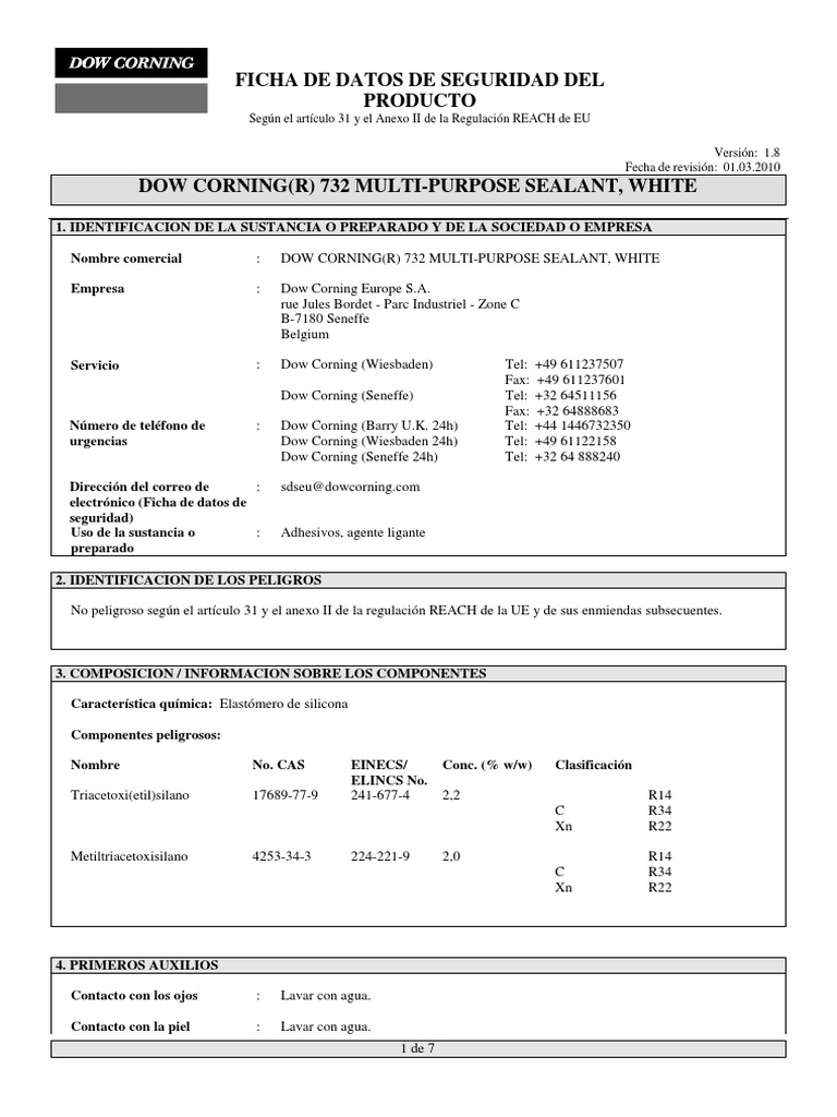 Msds Silicona 732 Dow Corning | PDF | Carbón | Agua
