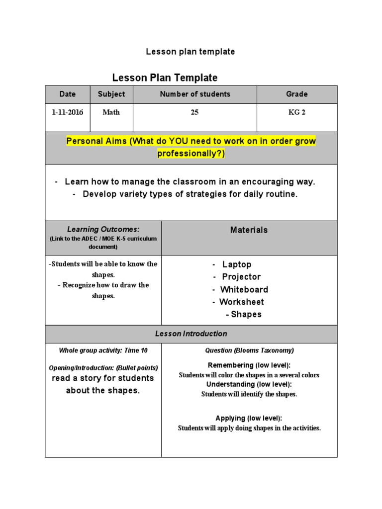 Lesson Plan Template: Date Subject Number of Students Grade 1-11-2016 ...