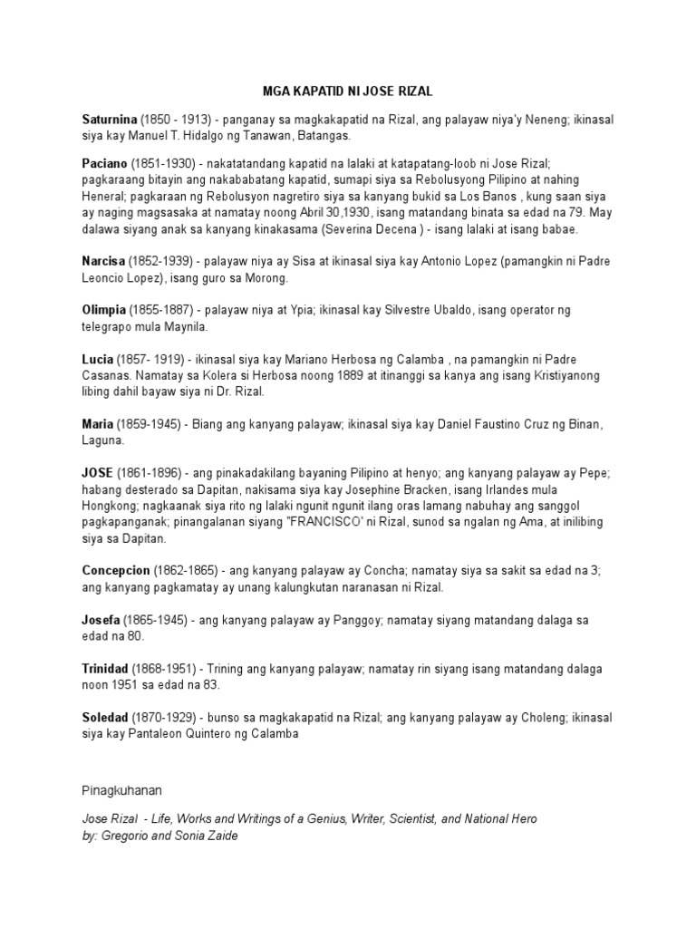Mga Kapatid Ni Jose Rizal | PDF