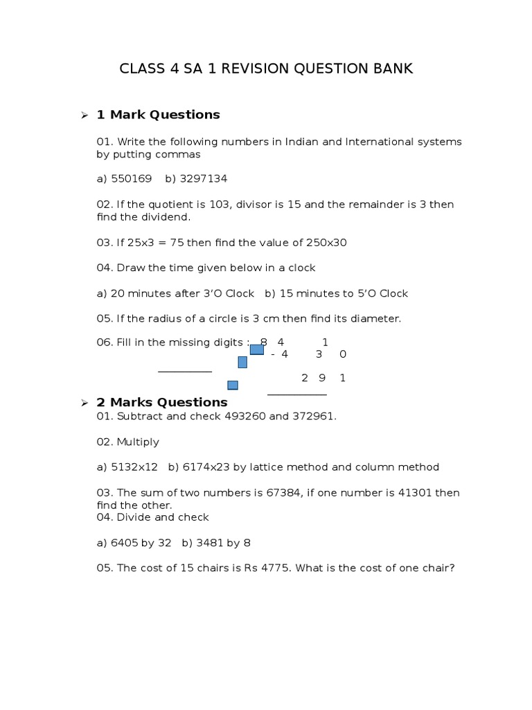 Class 4 Sa 1 Revision Question Bank From NH 2 | PDF