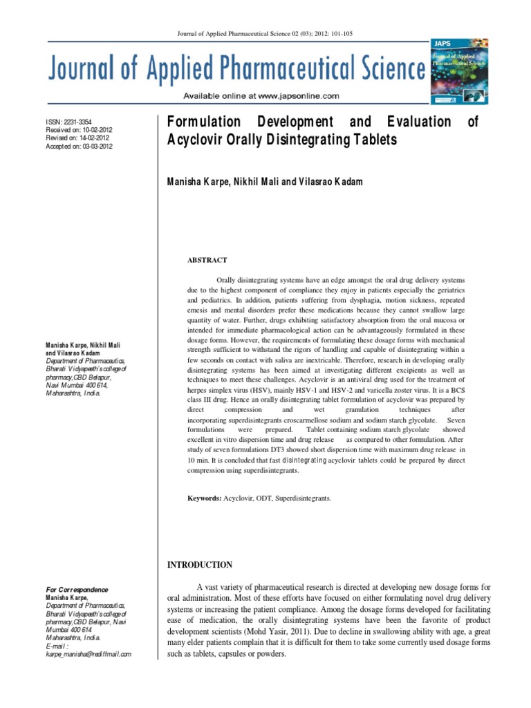 Formulation Development and Evaluation of Acyclovir Orally Disintegrating Tablets | PDF | Tablet ...