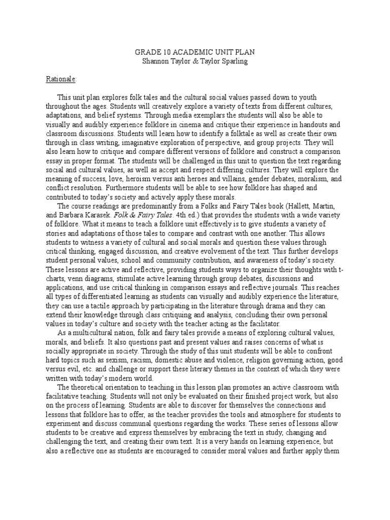 English Folktale Unit Plan GRD 10 | PDF | Fairy Tales | Folklore