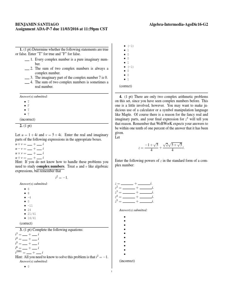 Complex Numbers Assignment Solutions | PDF | Fraction (Mathematics) | Complex Number