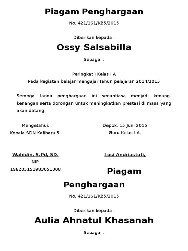 Contoh Piagam Penghargaan | PDF | Karier & Perkembangan | Olahraga ...