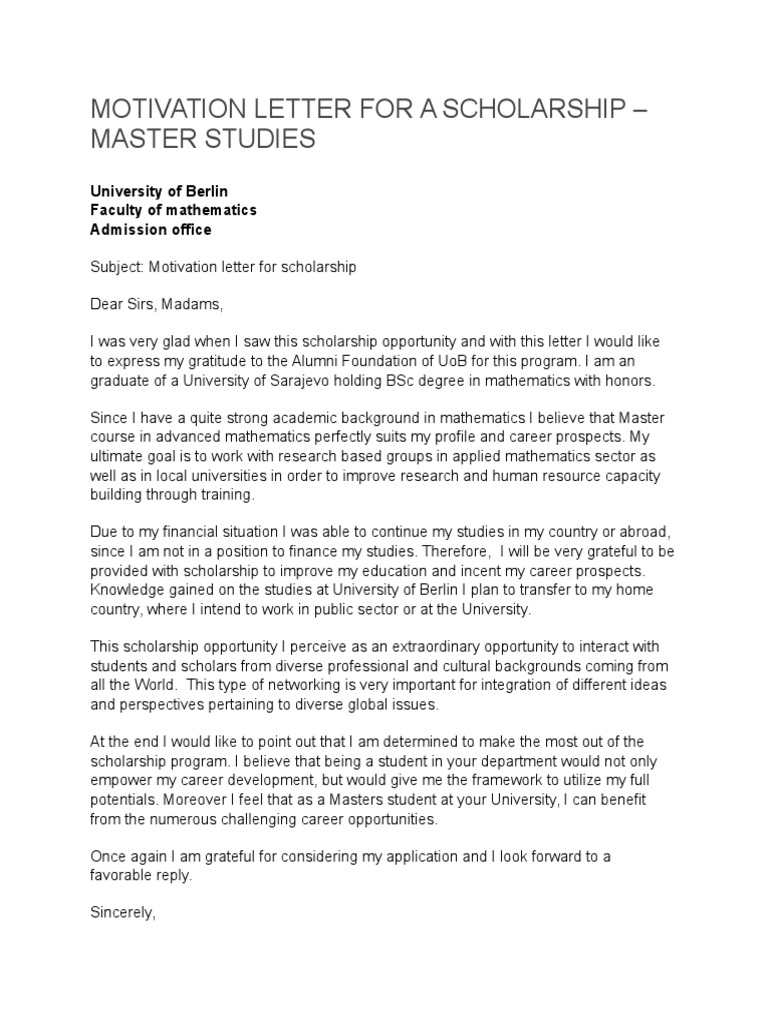 Motivation Letter For A Scholarship | PDF