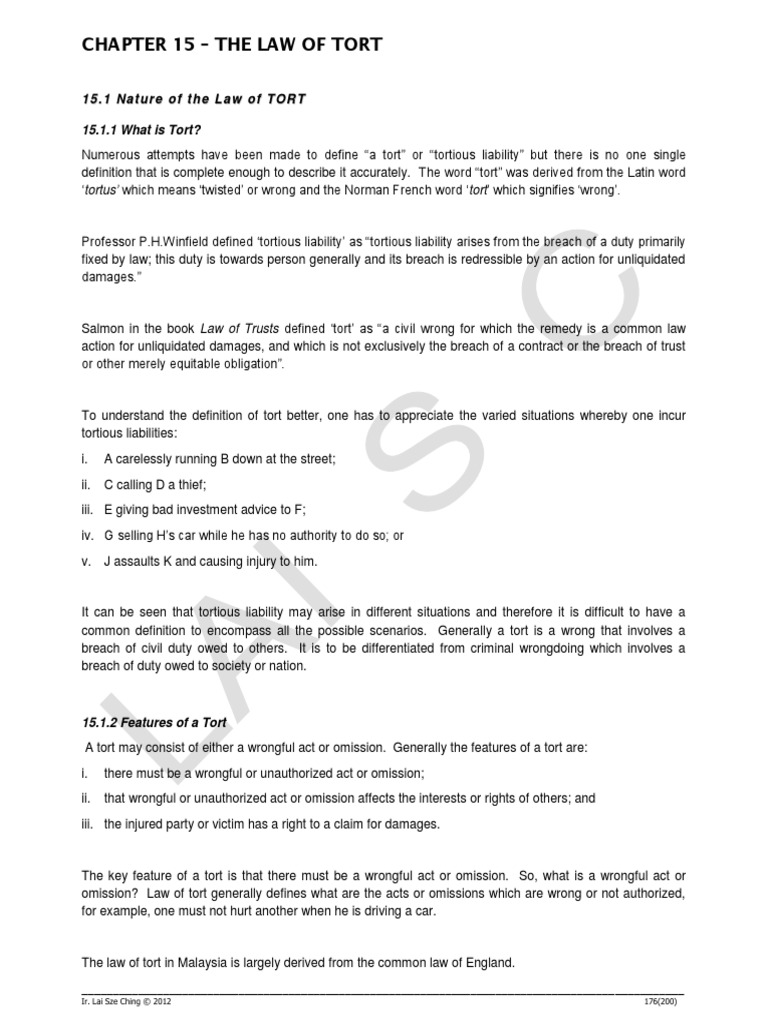 Chapter 15 - Law of Tort | PDF | Tort | Negligence Chapter 15 - Law of Tort | PDF | Tort | Negligence