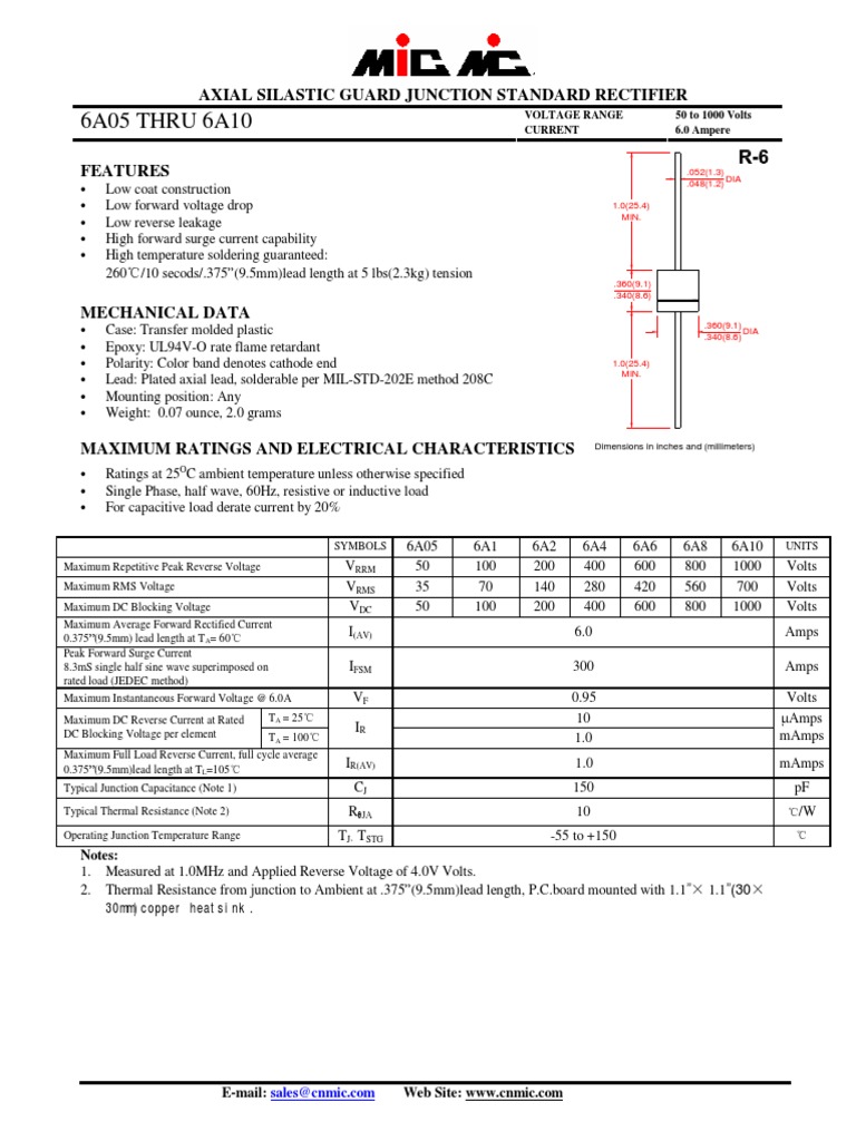 6A05 THRU 6A10: Axial Silastic Guard Junction Standard Rectifier | PDF ...