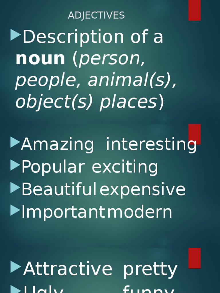 Adjectives Describing Nouns Guide | PDF | Art | General Fiction