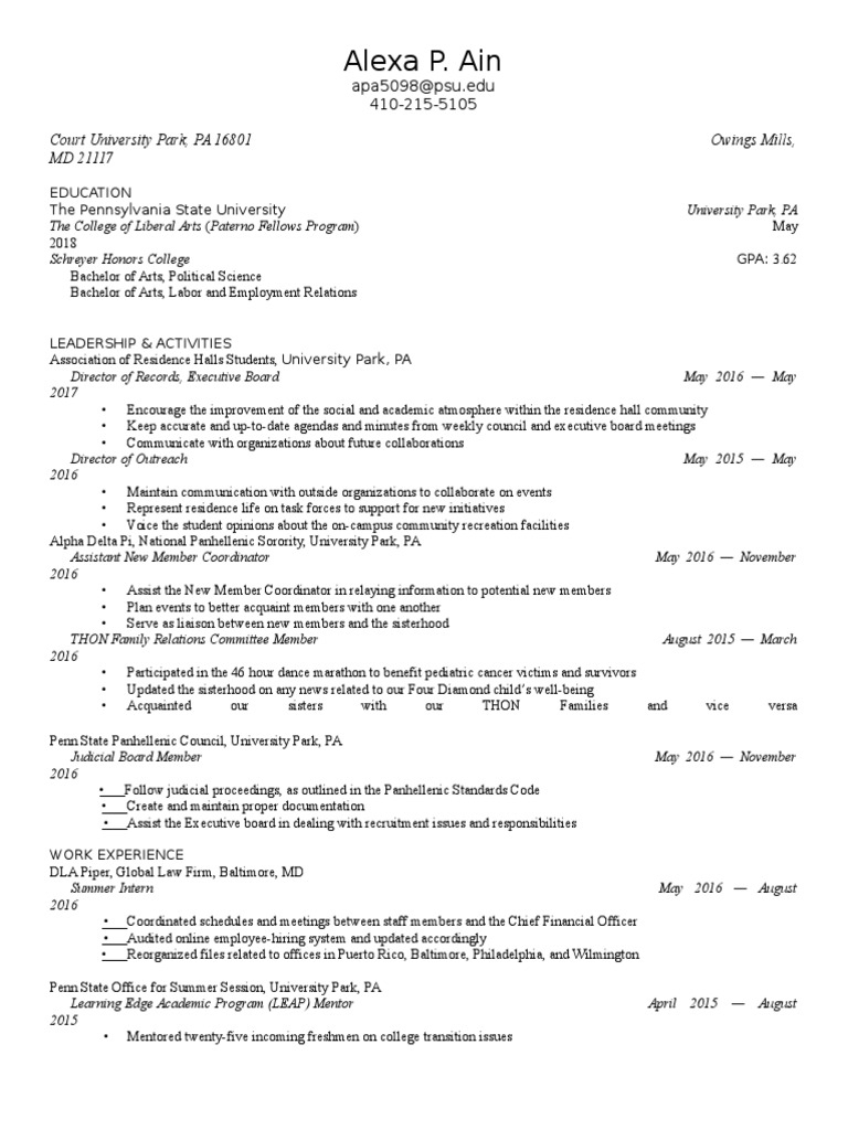 Panhellenic Resume | PDF | Pennsylvania State University | Students