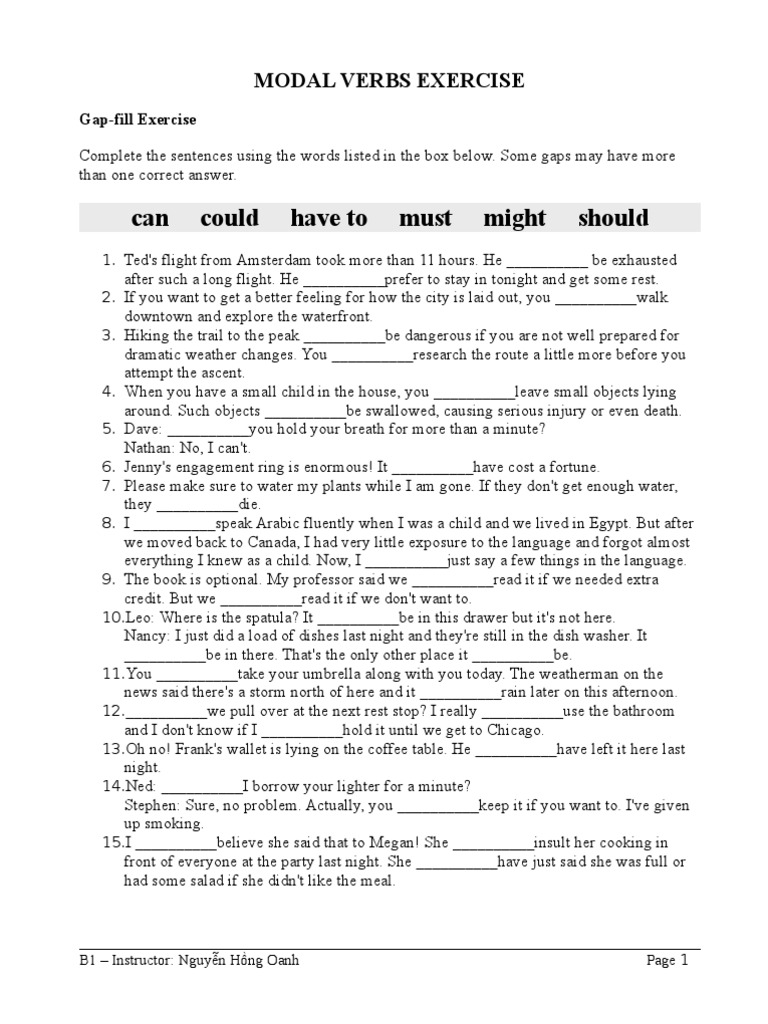Modal Verbs Exercise 1 | PDF