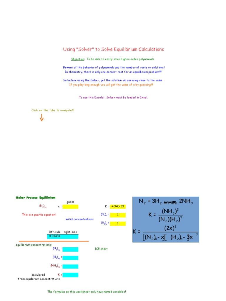 Using "Solver" To Solve Equilibrium Calculations: Excelet | PDF | Chemical Equilibrium | Analysis