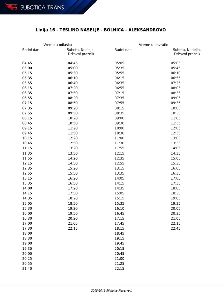 Sutrans Redvoznje Linija 16 | PDF