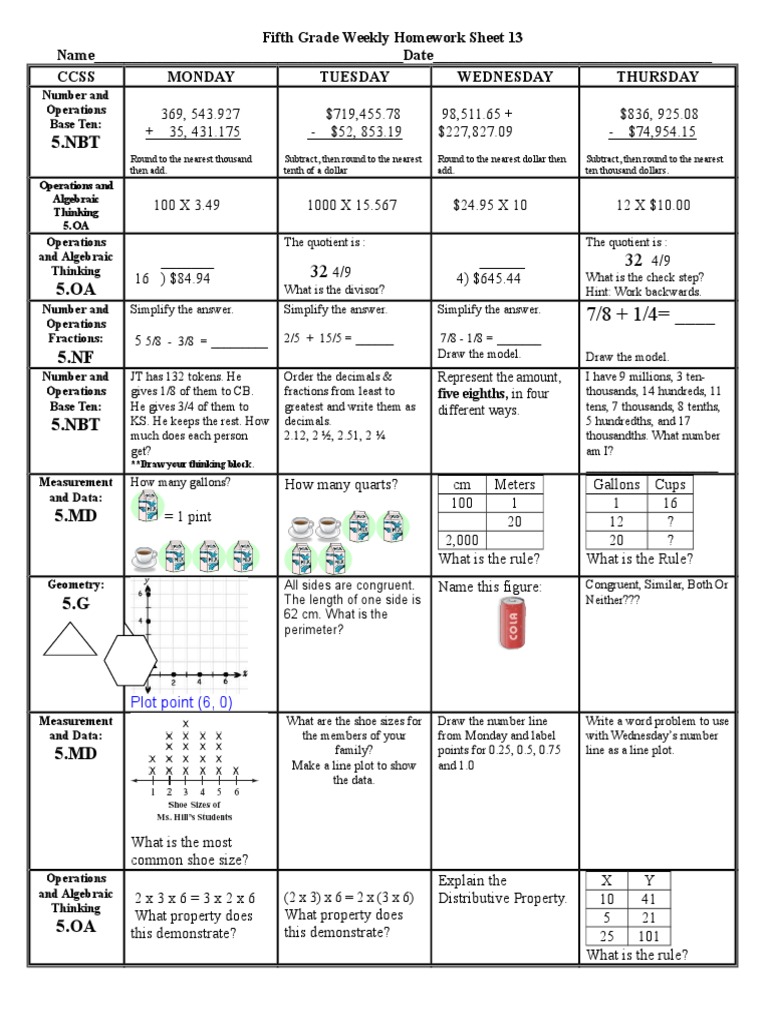 Weekly Homework Sheet Week 13 - 5th Grade - Ccss | PDF | Teaching ...