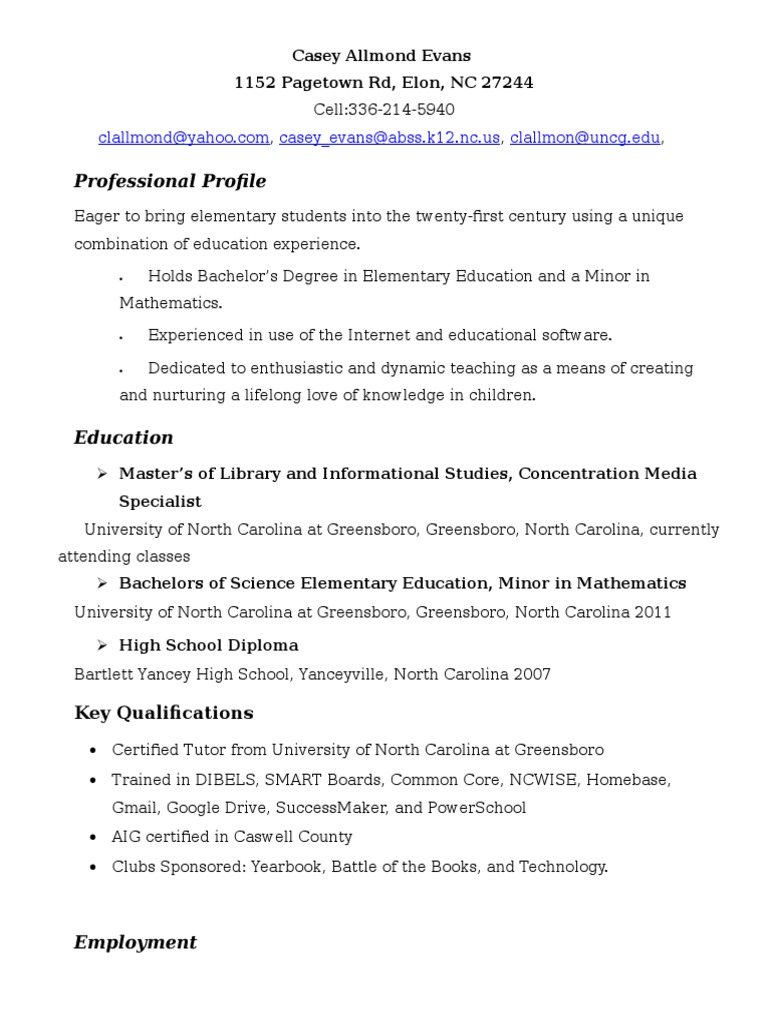 Casey Evans Resume | PDF | Teachers | Educational Stages