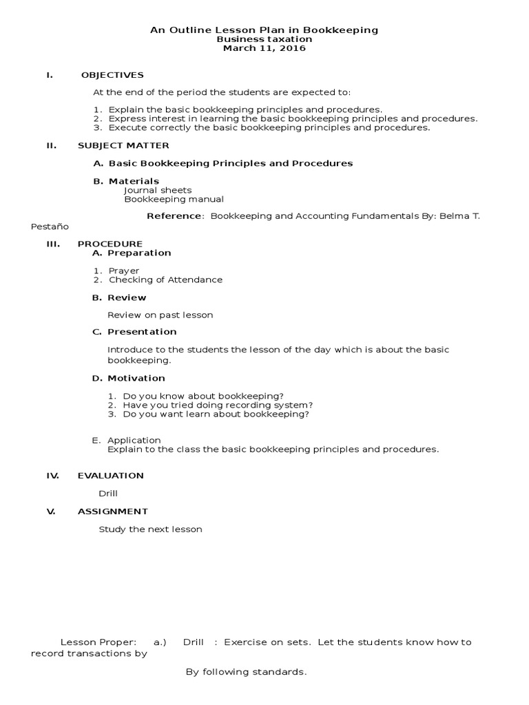 A LESSON PLAN IN BOOKKEEPING.docx | Bookkeeping | Lesson Plan