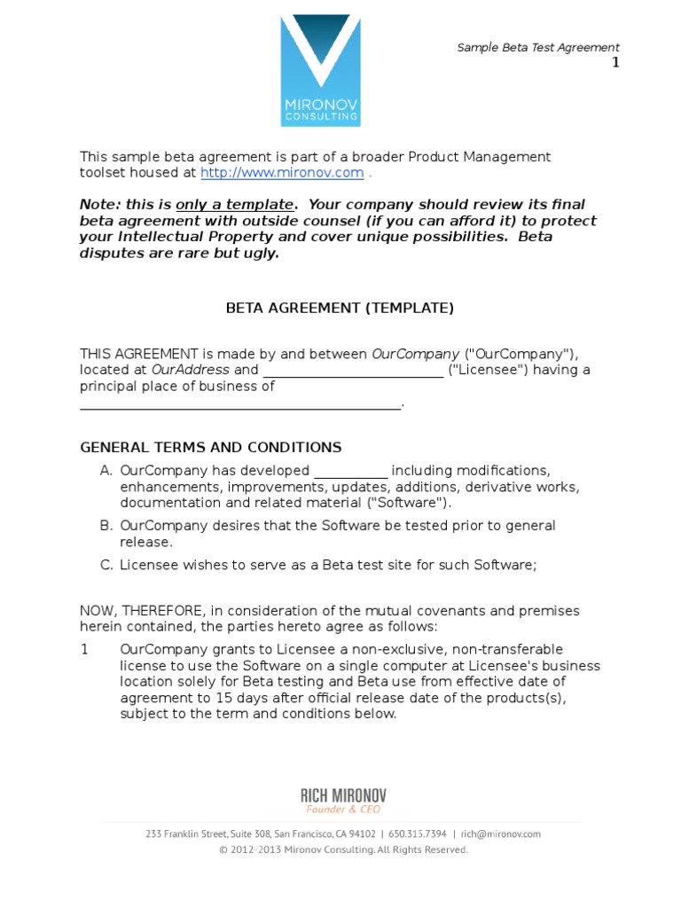 Sample Beta Agreement | PDF | Trade Secret | Software Testing