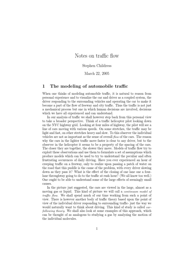 Notes On Traffic Flow: 1 The Modeling of Automobile Traffic | PDF ...