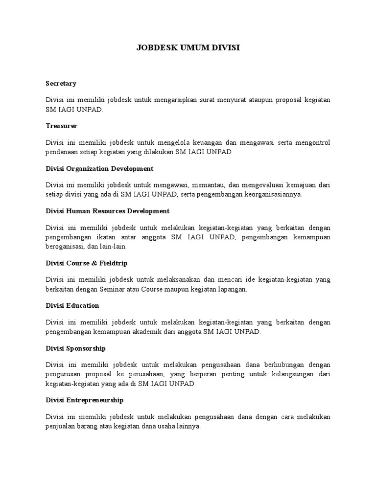 Jobdesk Umum Divisi | PDF