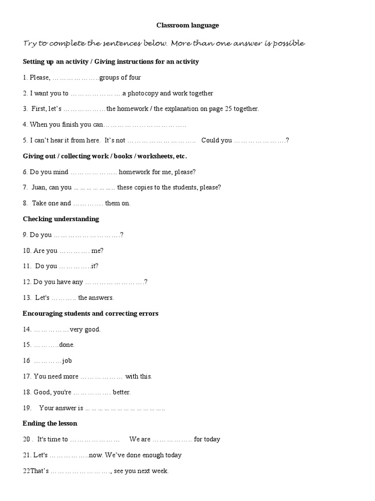 Classroom Language Worksheet | PDF | Foreign Language Studies