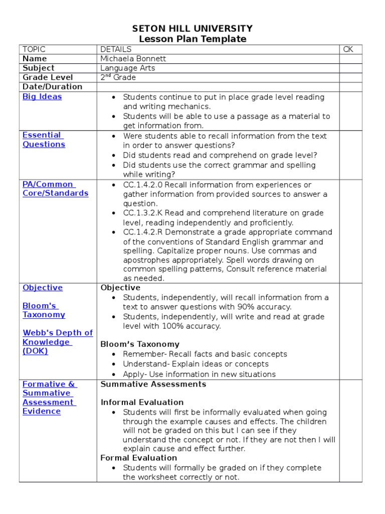 Seton Hill University Lesson Plan Template: Name Subject Grade Level ...