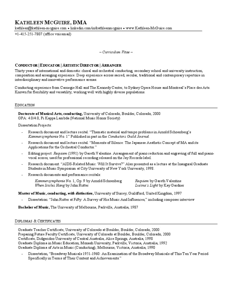 Kathleen McGuire - Resume | PDF | Choir | Conducting