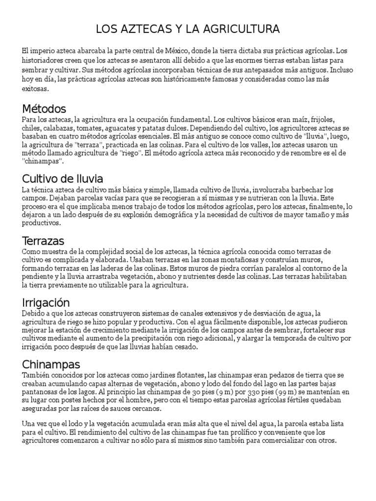 Agricultura y técnicas de los aztecas | PDF | Riego | Agricultura