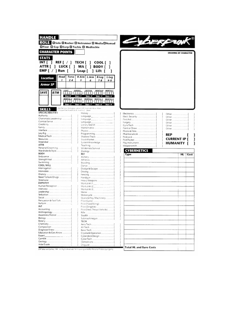 Cyberpunk Character Sheet