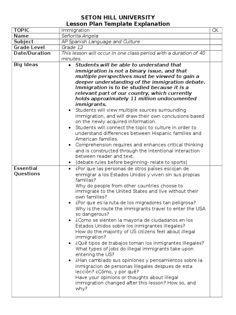 AP Spanish Immigration Lesson Plan | PDF | Educational Assessment ...