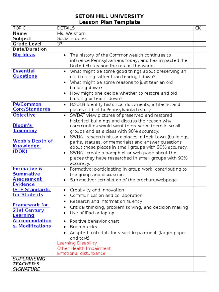 Seton Hill University Lesson Plan Template: Name Subject Grade Level ...