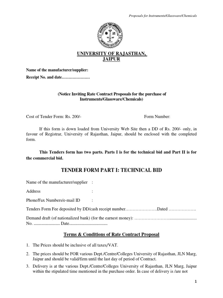 University of Rajasthan, Jaipur: Tender Form Part I: Technical Bid ...