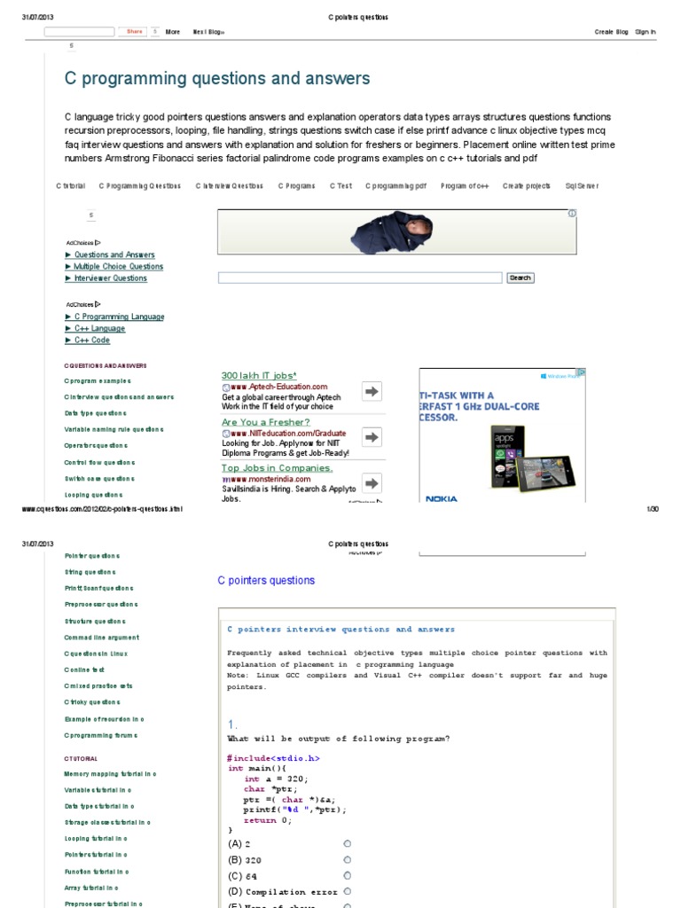 C Pointers Questions Pdf Download Free Pdf C Programming Language Pointer Computer