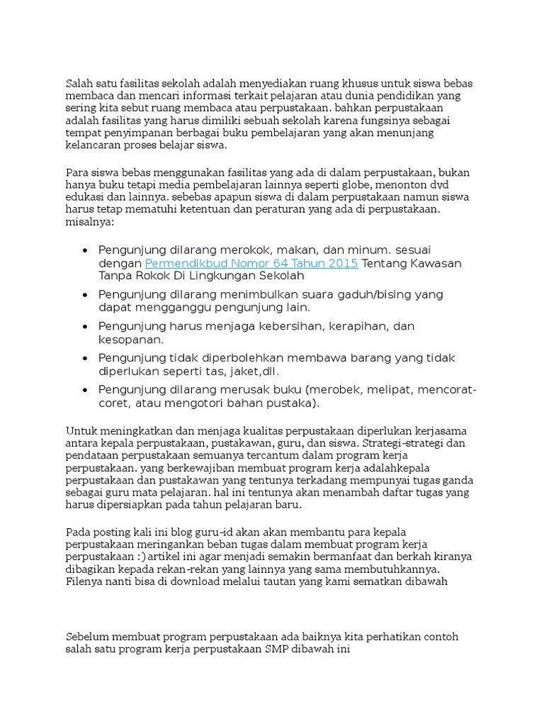 Contoh Program Kerja Perpustakaan Sekolah SD | PDF