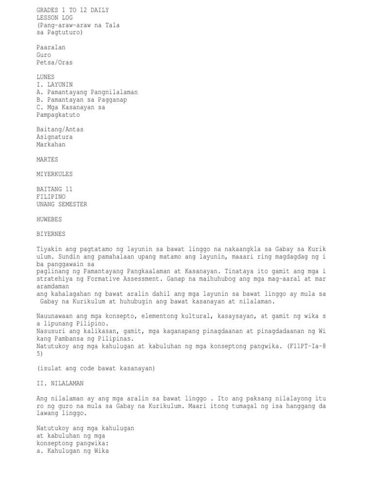 Grades 11 Filipino DLL | PDF