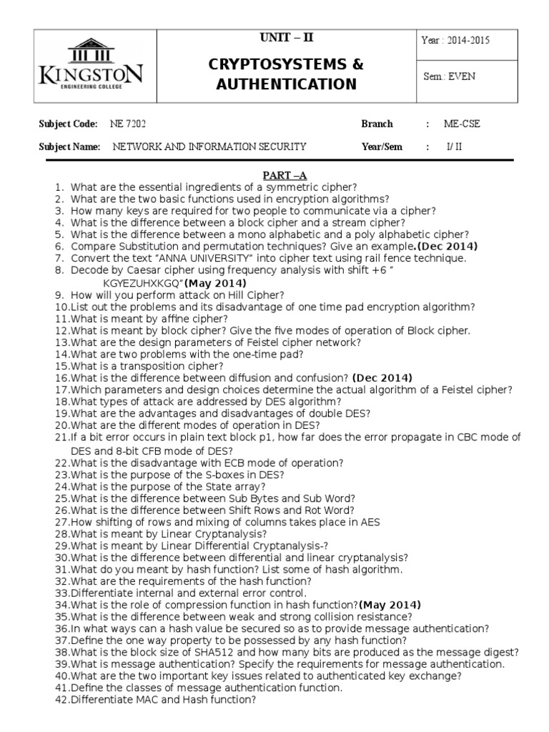Ne7207 Nis Unit 2 Question Bank | PDF | Cipher | Cryptography
