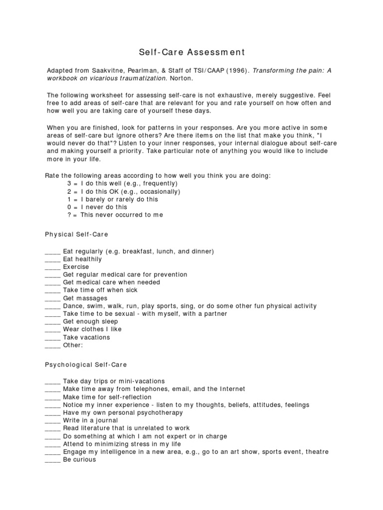 Self Care Assessment Pdf Spirituality Metaphysics Of Mind