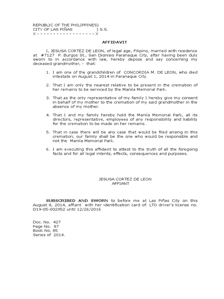 Affidavit For Cremation - Manila Memorial | PDF