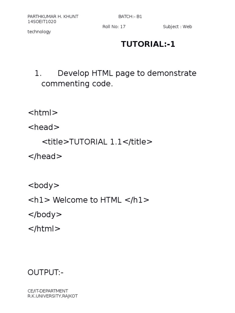 Tutorial:-1: 1. Develop HTML Page To Demonstrate Commenting Code | PDF ...