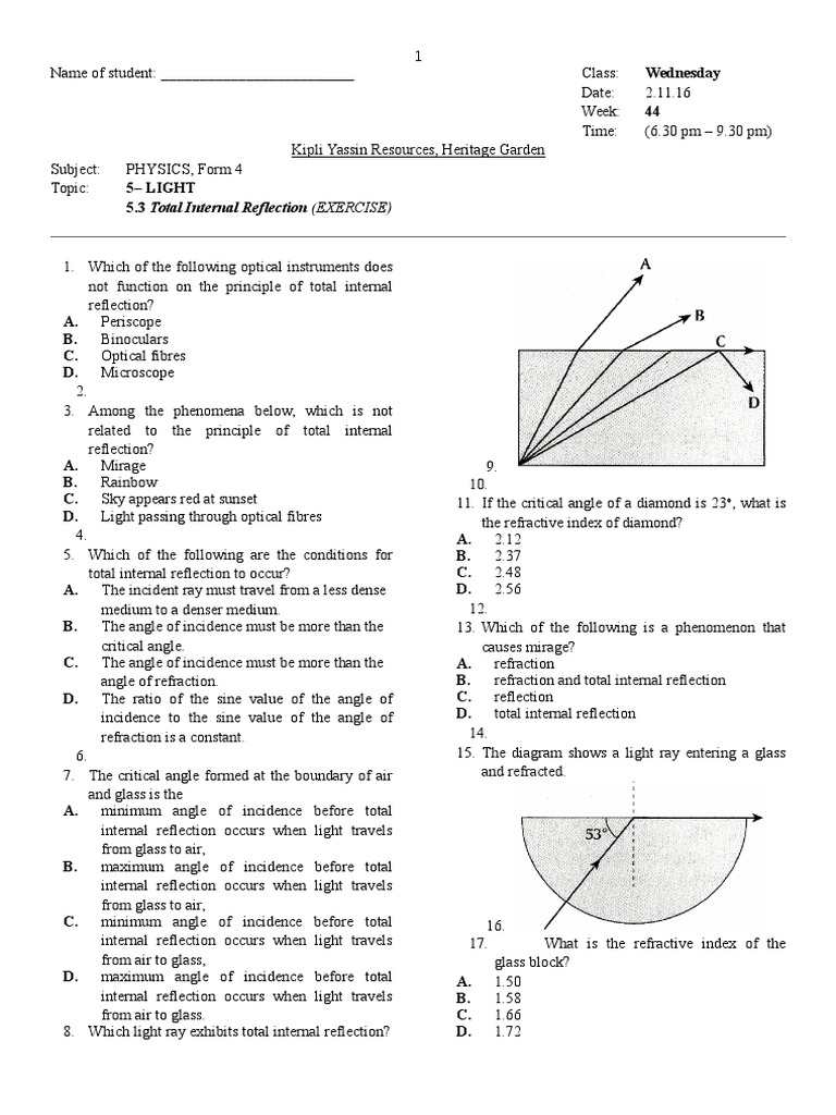 W44 5.3 Total Internal Reflection | PDF | Refraction | Reflection (Physics)